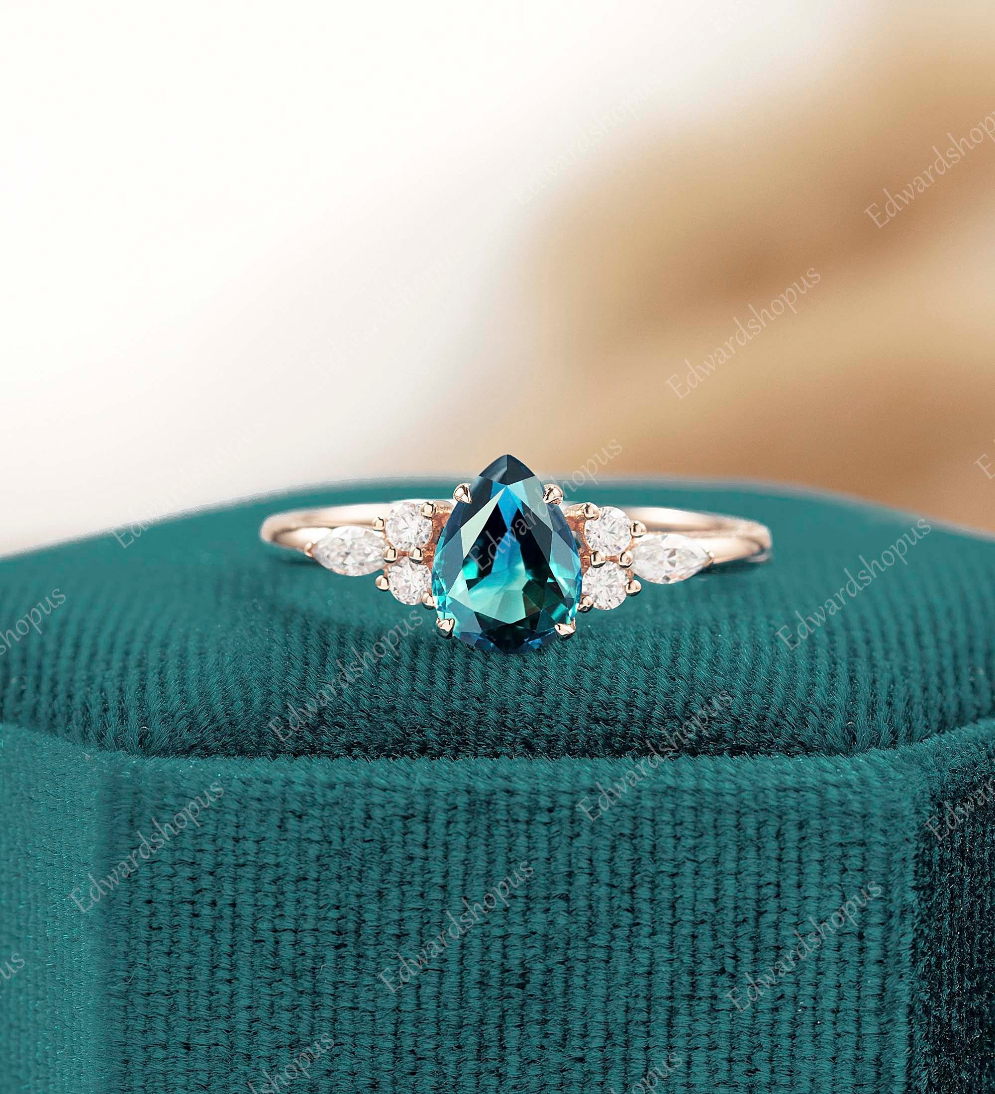 Blue Green Sapphire Engagement Ring Vintage Engagement Ring Unique Pear ...