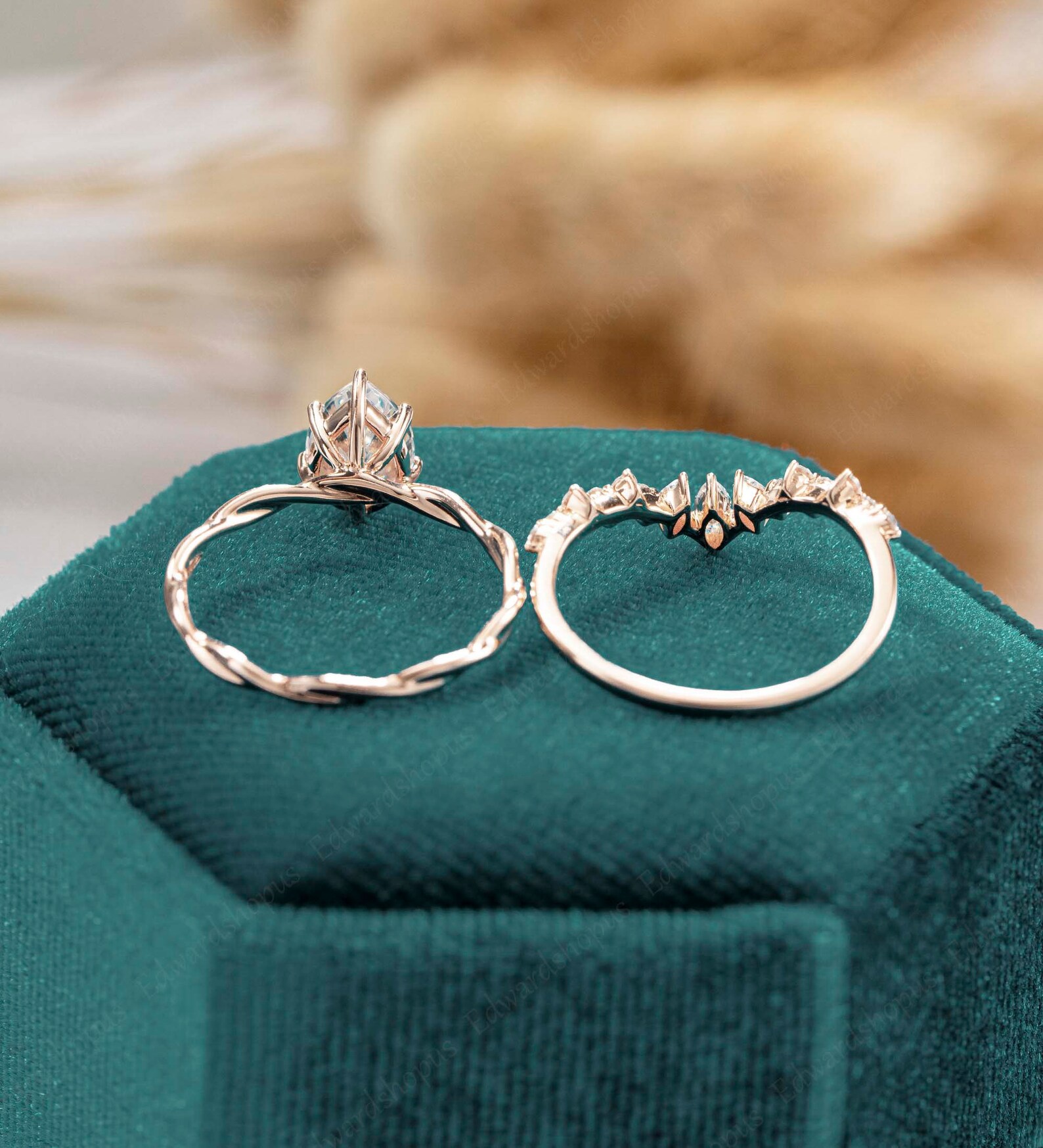 Unique engagement ring set vintage moissanite pear shaped rose | Etsy