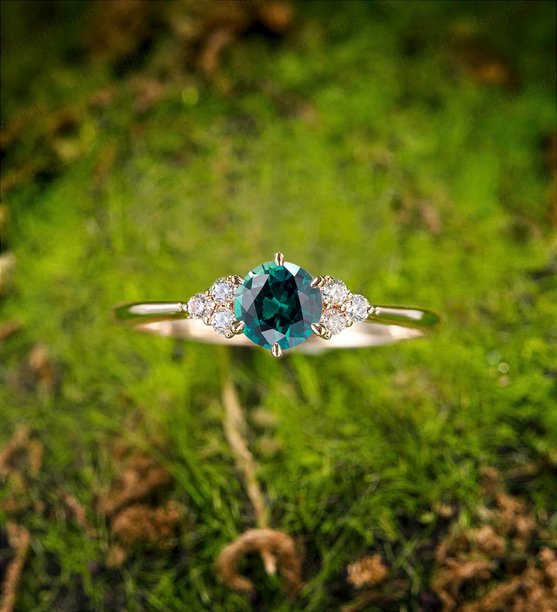 Blue green sapphire engagement ring vintage women Cluster rose | Etsy