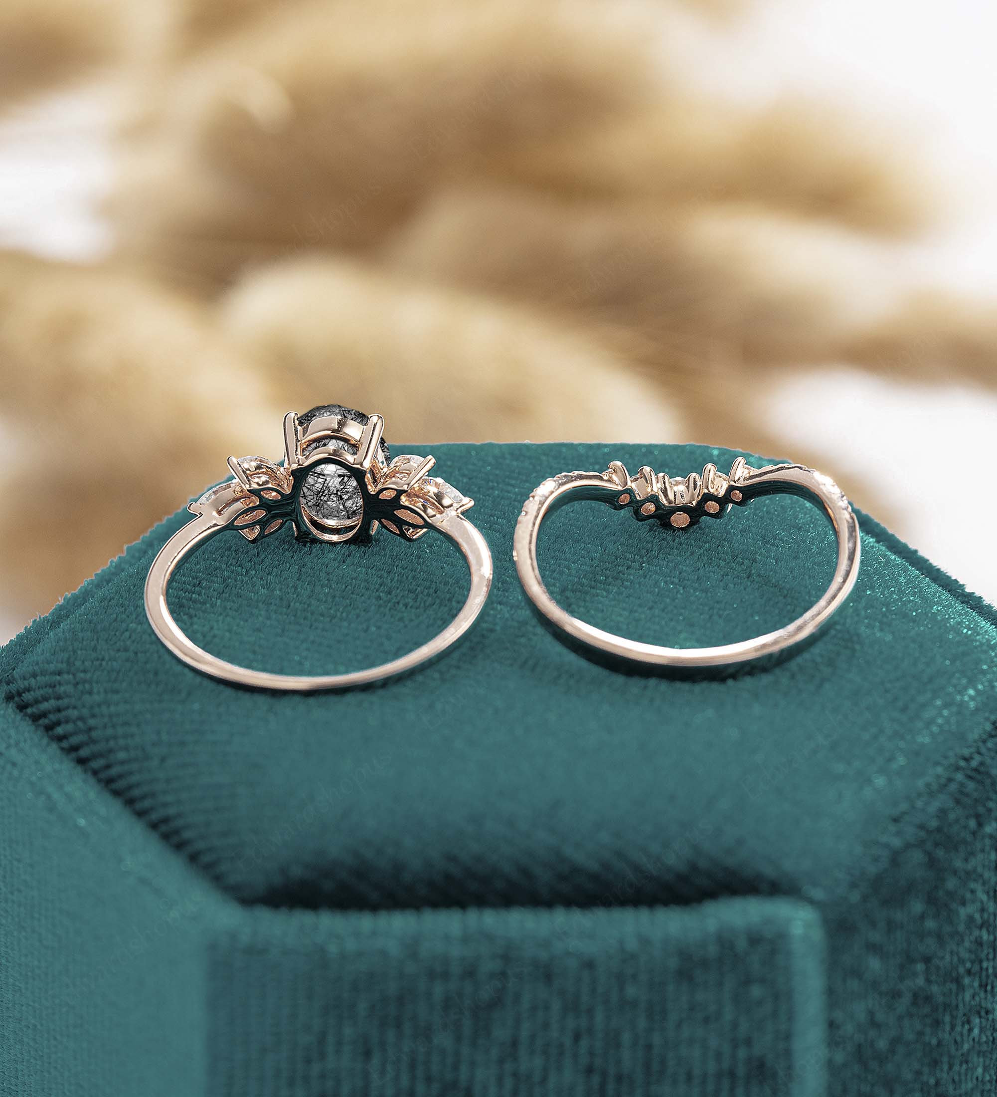 Black rutilated quartz Engagement ring set Vintage Oval cut | Etsy