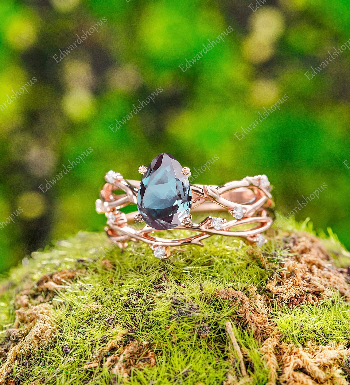 Alexandrite Engagement Ring Set Unique Pear Shaped Engagement Ring ...