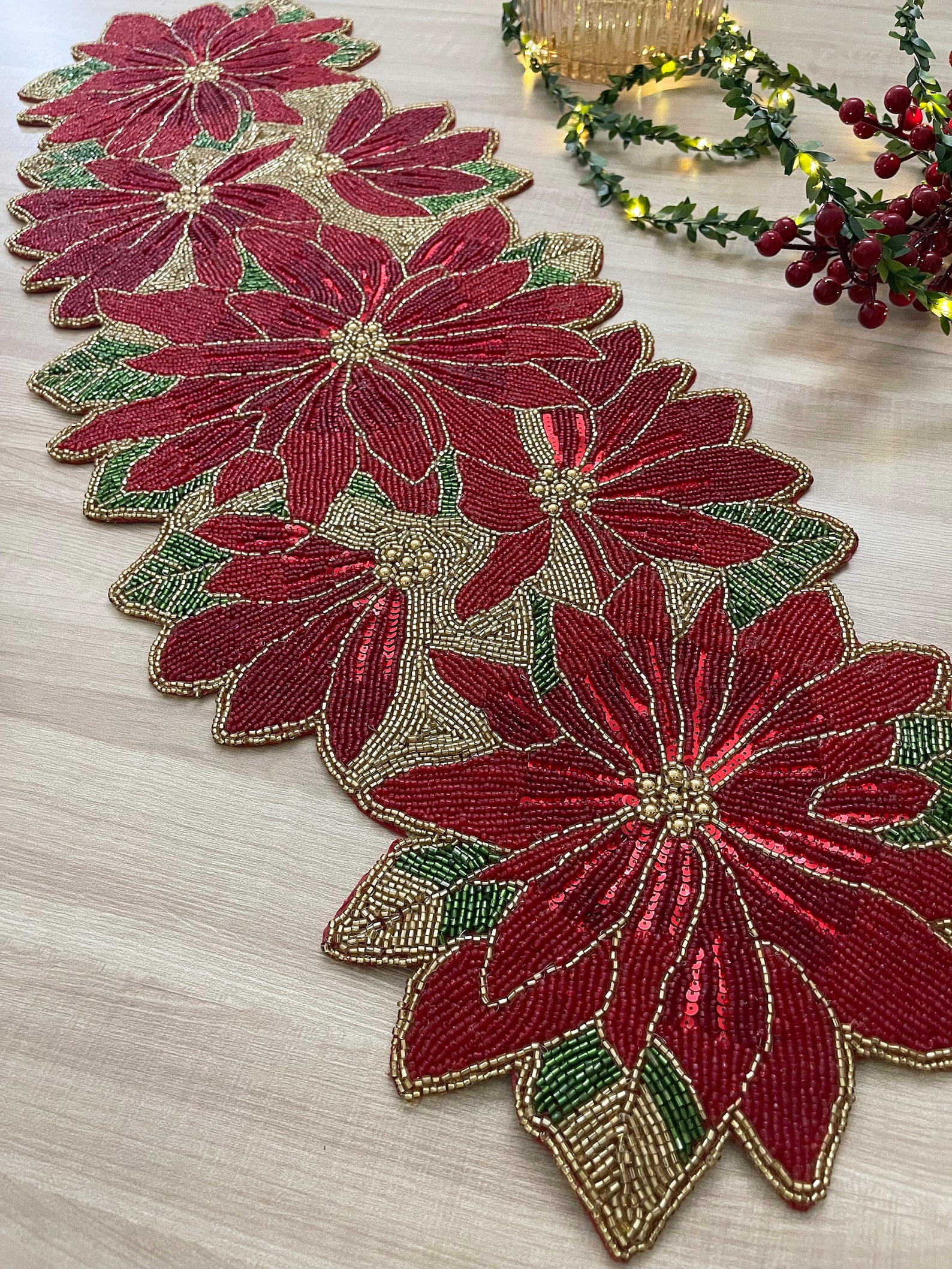 Handmade Christmas Table Runner: Floral Beaded Poinsettia, 13x36 Inch ...