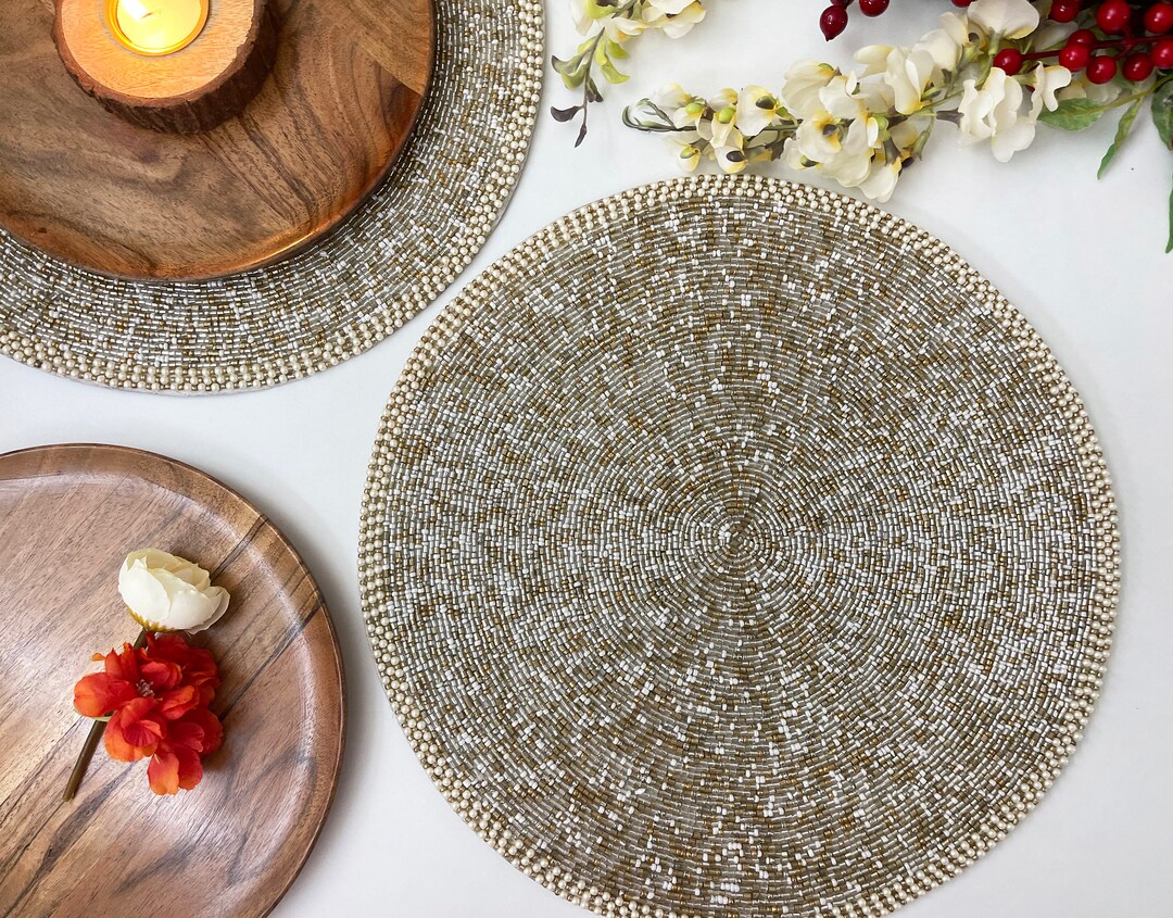 Handmade Beaded Placemat, Beaded Table Mat, Gold and Silver - Etsy