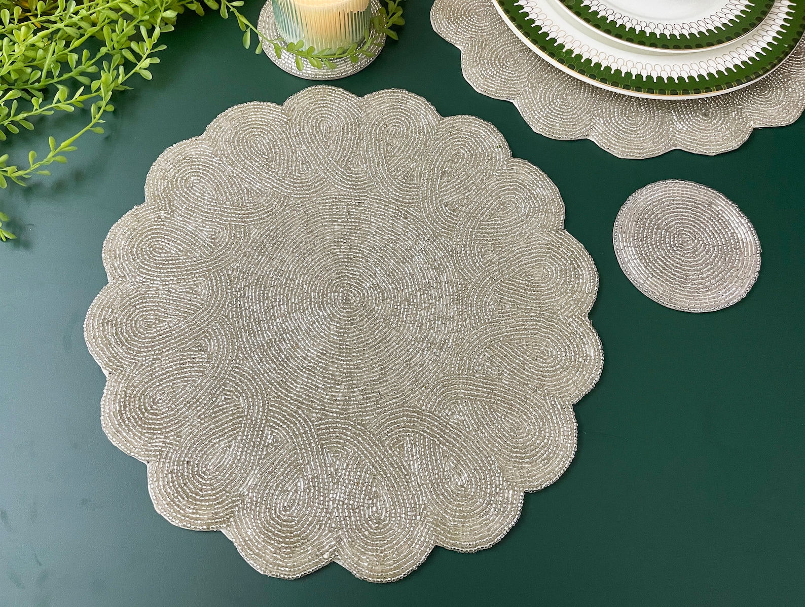 Handmade Beaded Placemat Beaded Table Mat Silver Round - Etsy