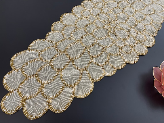Handmade Bead Table Runner Floral Beaded Runner Silver and - Etsy