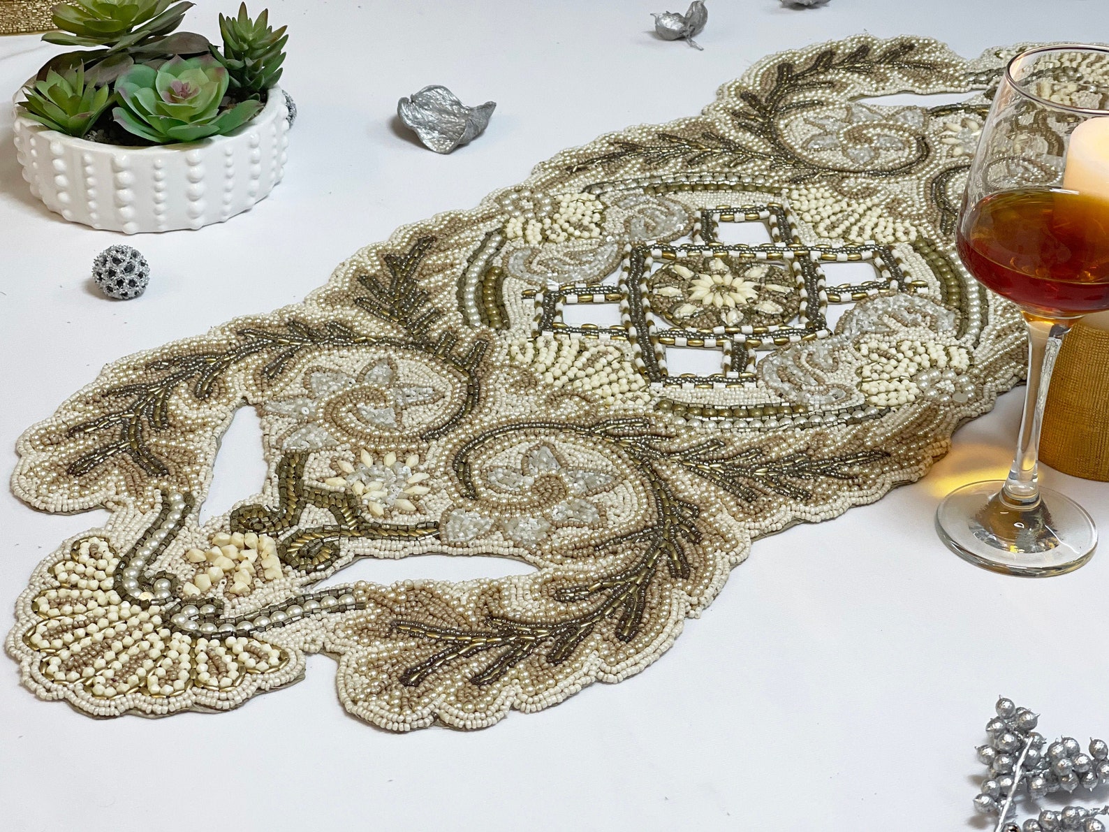 Handmade Table Runner, Beaded Table Runner, Gold & Cream Beads ...