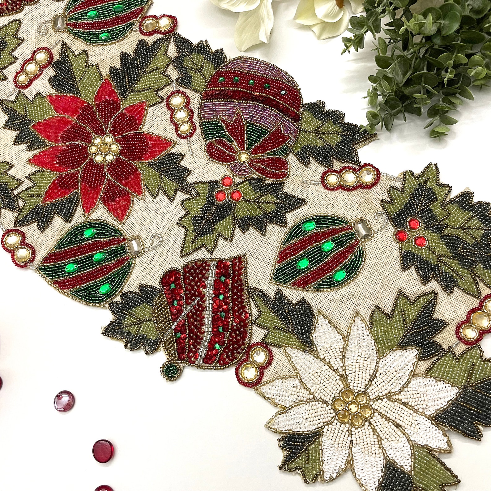 Handmade Christmas Table Runner, Beaded Runner, Centerpiece Multi ...