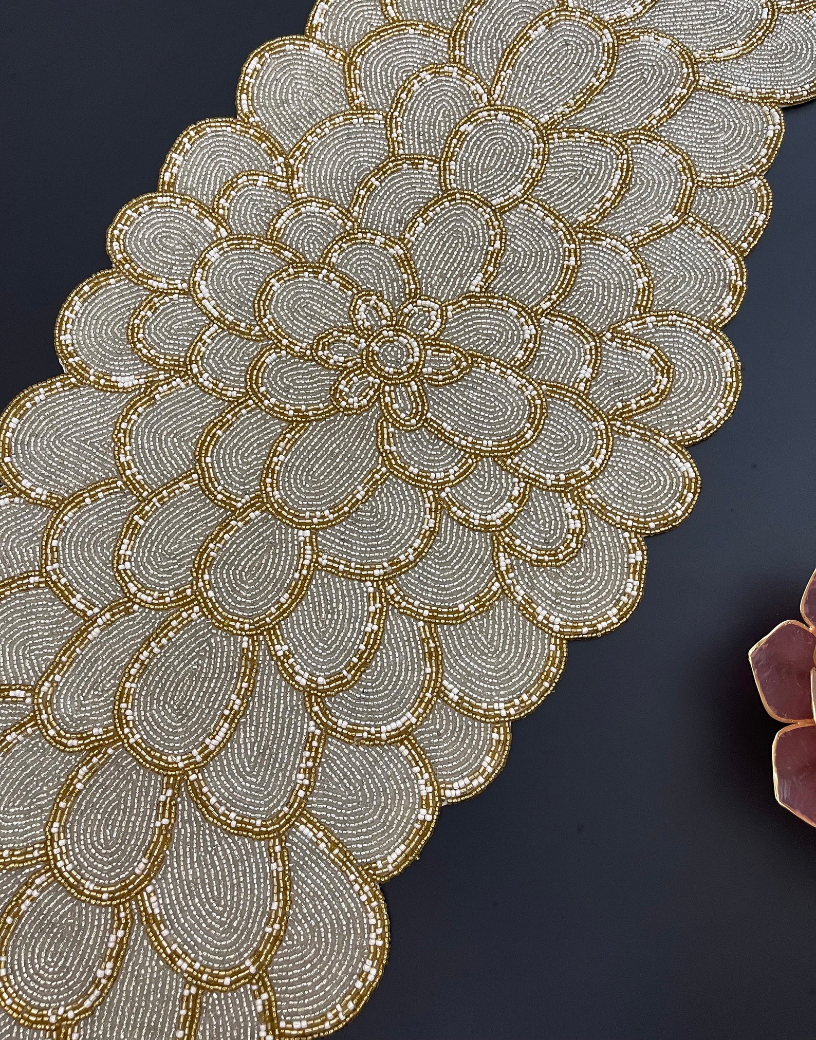 Handmade Bead Table Runner, Floral Beaded Runner, Silver and Gold ...