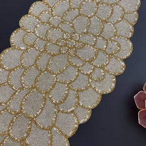 Handmade Bead Table Runner, Floral Beaded Runner, Silver and Gold ...