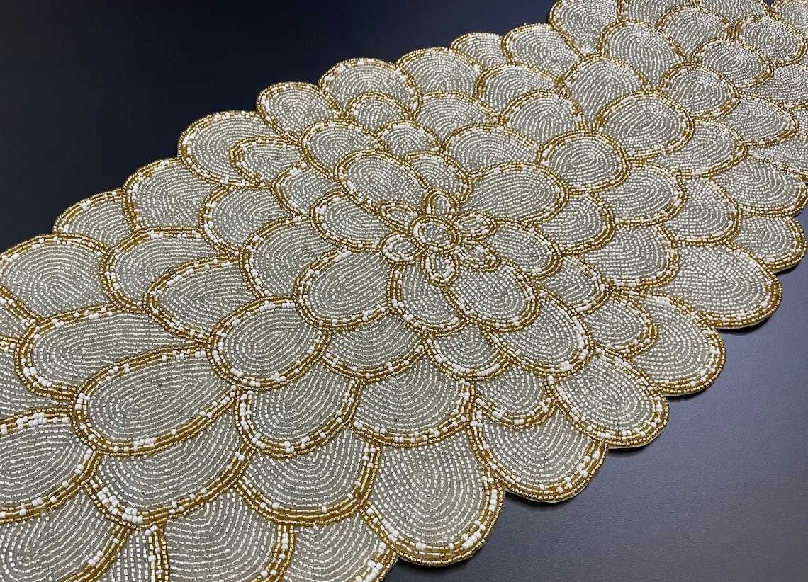 Handmade Bead Table Runner, Floral Beaded Runner, Silver and Gold ...