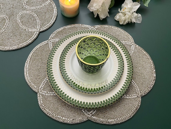 Handmade Beaded Placemat Beaded Table Mat Silver Scalloped | Etsy