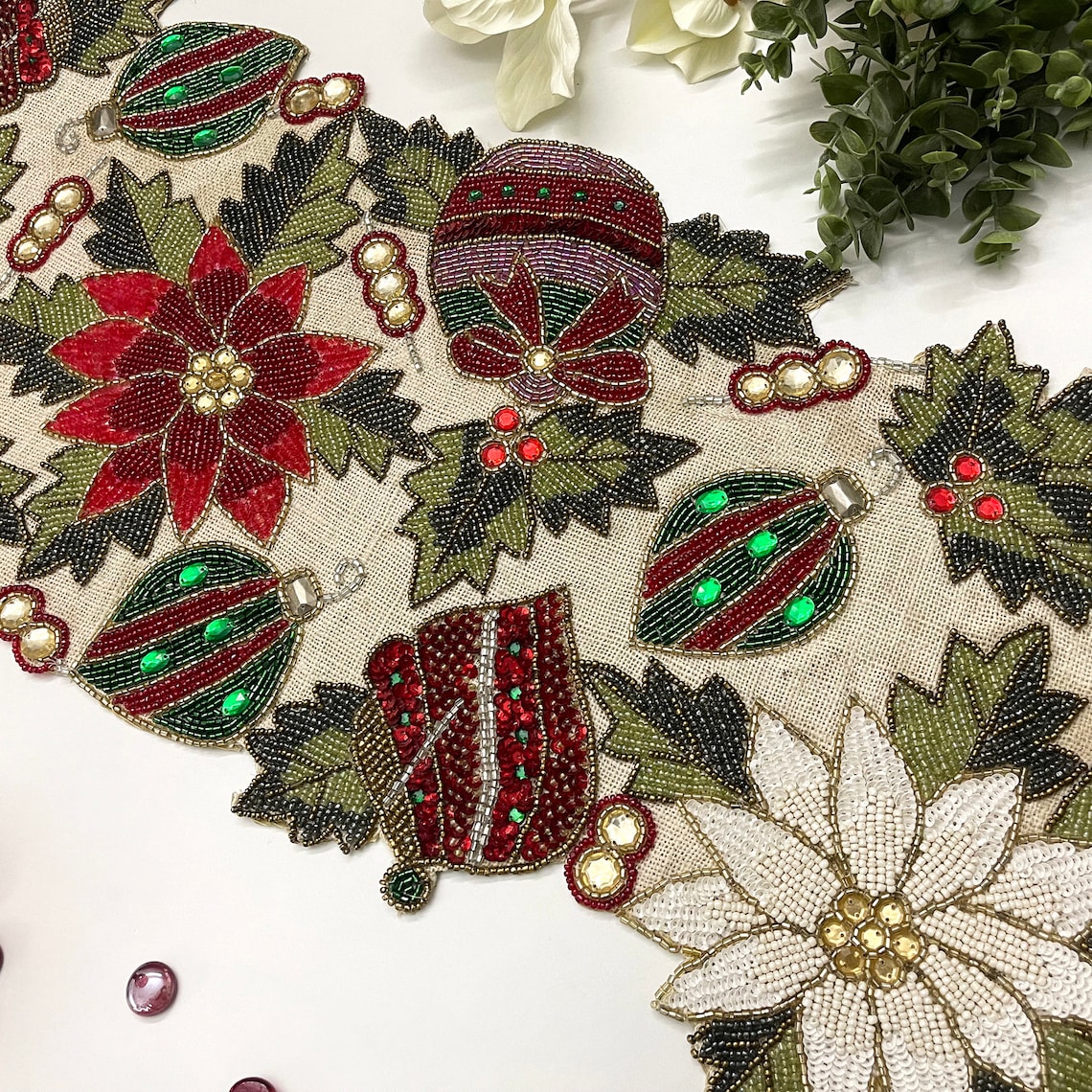 Handmade Christmas Table Runner Beaded Runner Centerpiece - Etsy