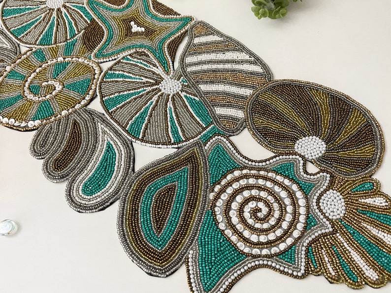 Handmade Table Runner, Teal Gold Seashell Beaded Centerpiece, 13x36inch ...