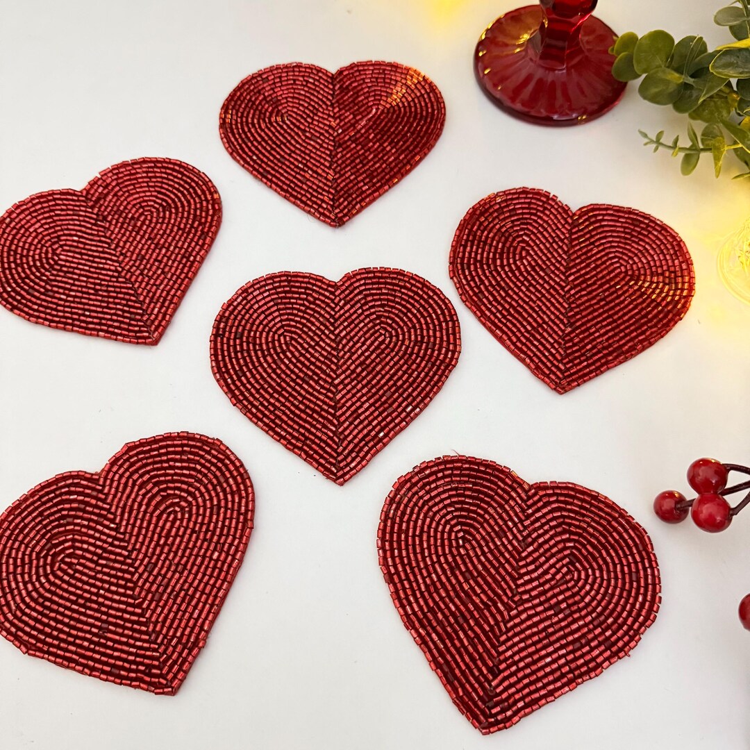 Set of 6 Beaded Heart Coasters: Valentine's Day Table Decor - Etsy
