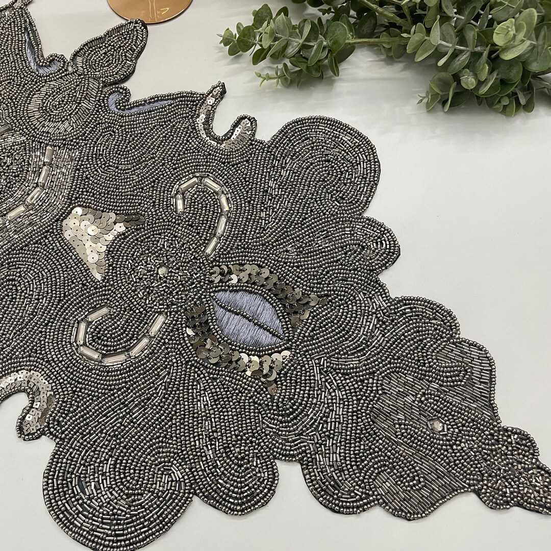 Handmade Bead Table Runner, Dark Platinum Grey Beaded Runner, 13x36inch ...