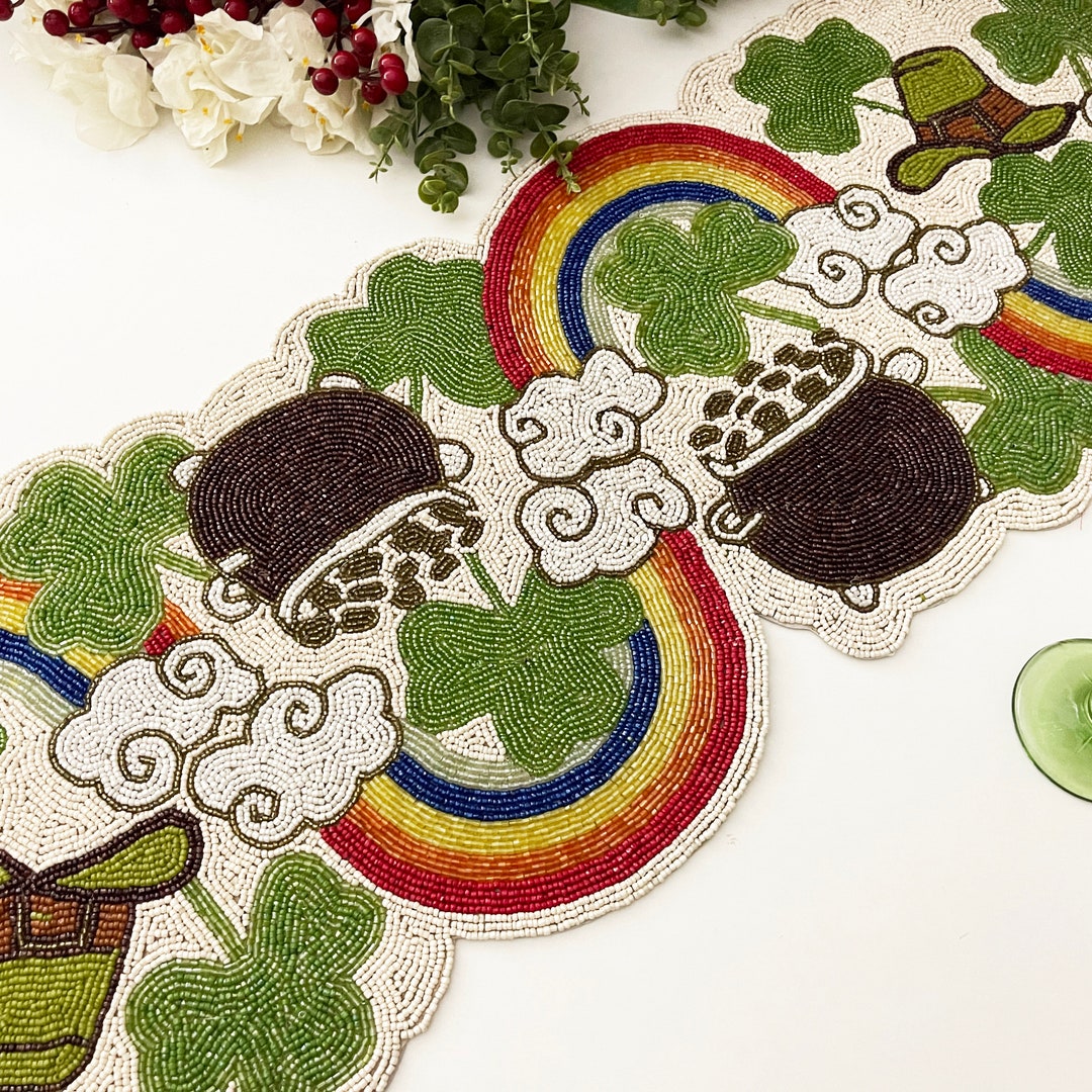 Handmade Table Runner, Clover Leaf, St Patrick's Day Handbeaded Runner ...