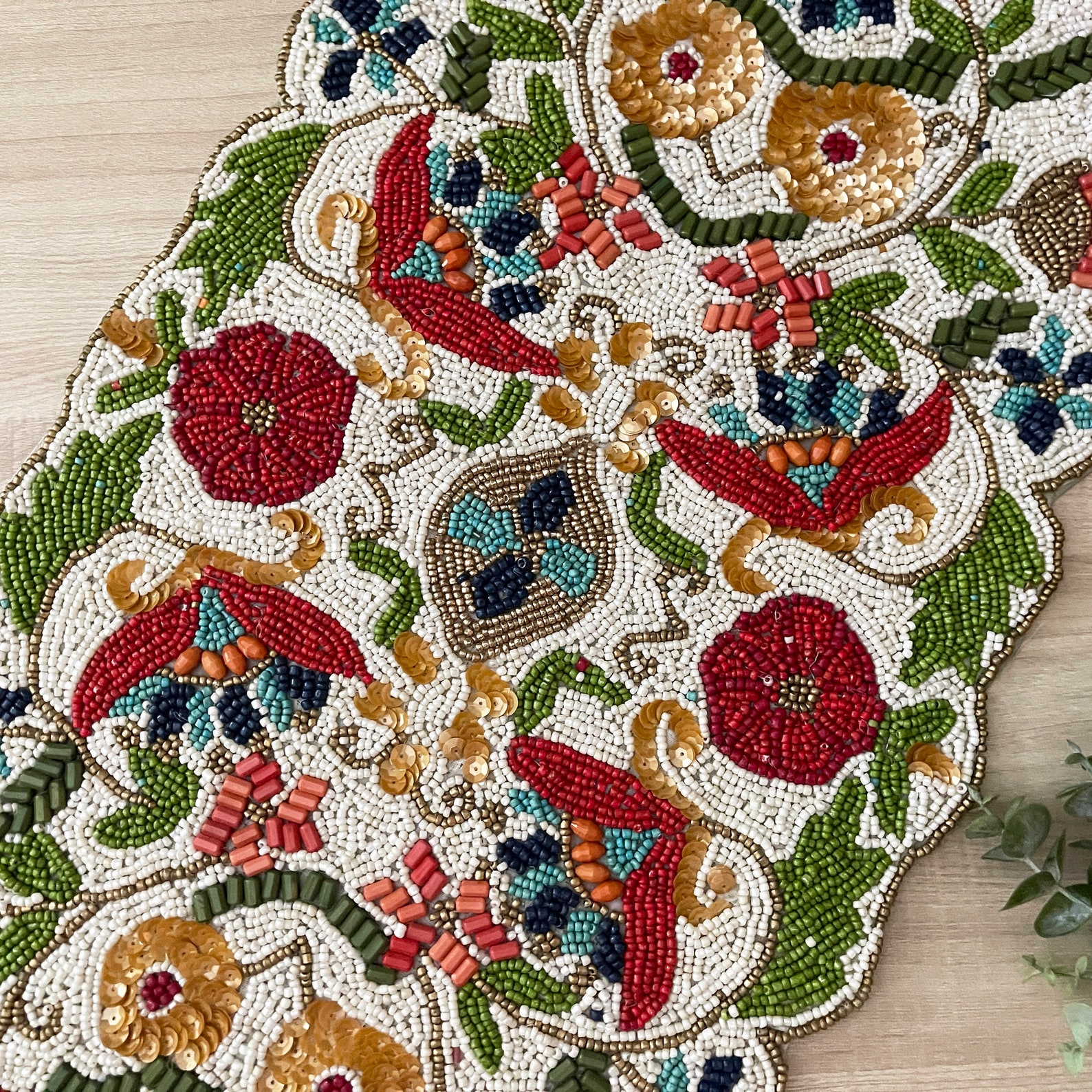 Handmade Beaded Floral Table Runner: Multicolour Spring Design (13x36 ...