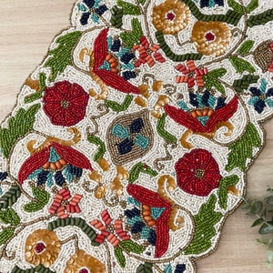 Handmade Beaded Floral Table Runner: Multicolour Spring Design (13x36 ...