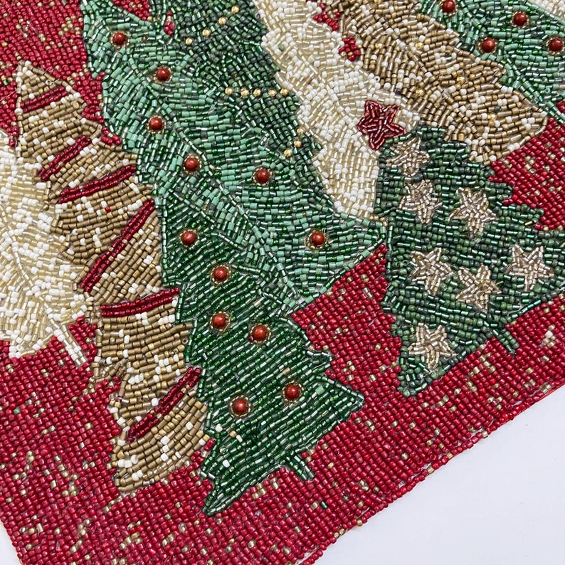 Handmade Christmas Tree Table Runner, Beaded Runner, Red, Green and ...