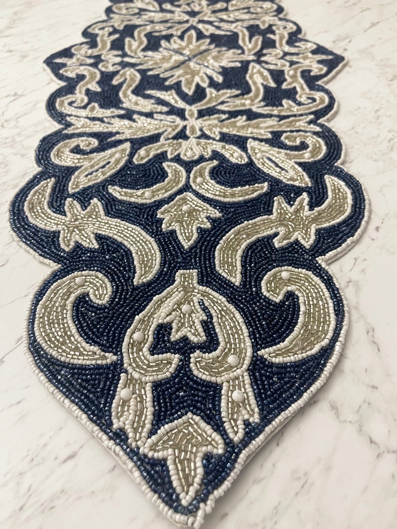 Handmade Bead Table Runner Floral Beaded Navy Blue Silver - Etsy