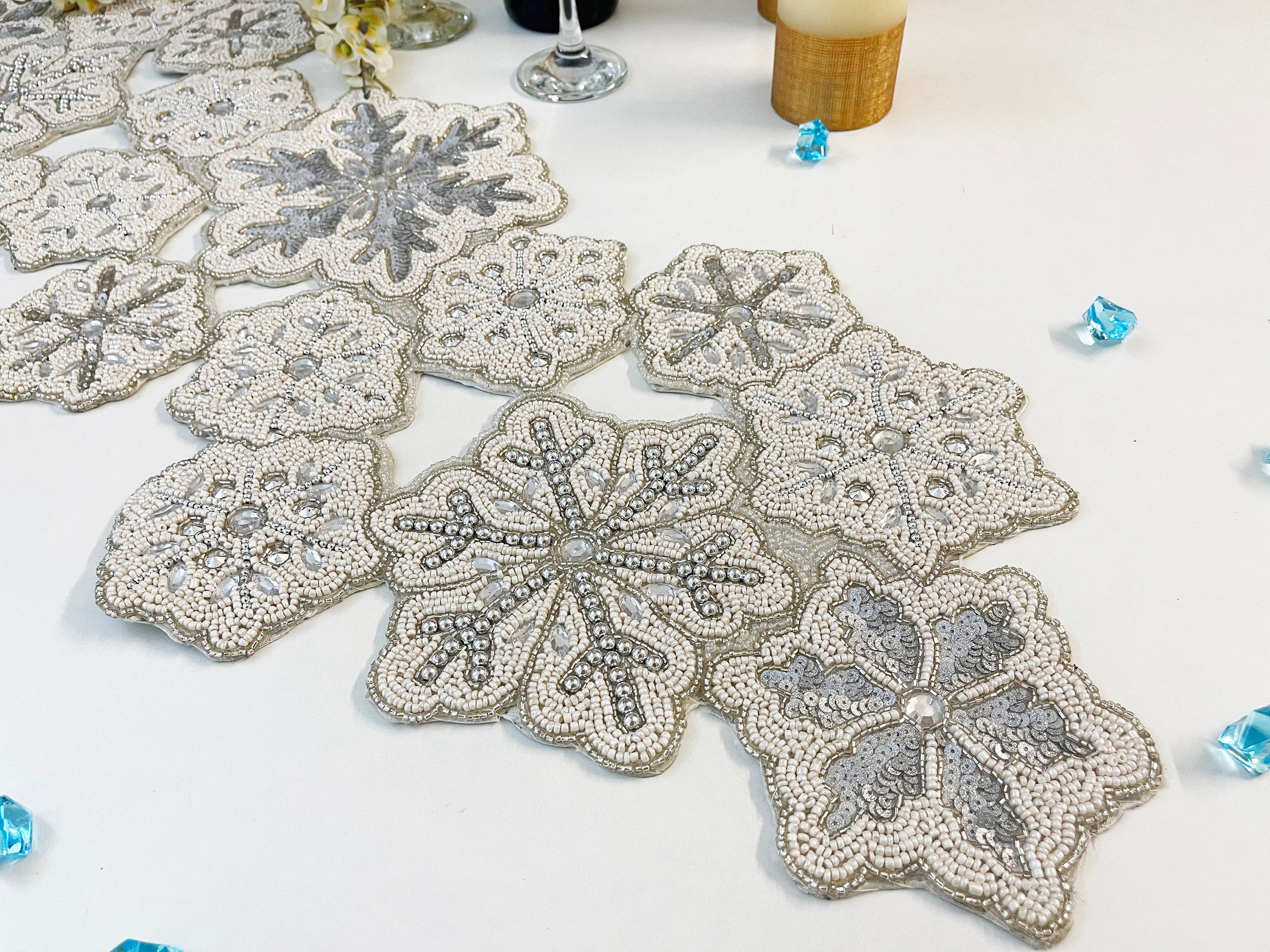 Handmade Bead Table Runner, Christmas Beaded Runner, Snowflakes ...