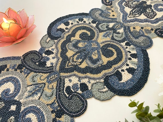 Handmade Luxury Table Runner Blue Grey Centerpiece 13x36inch - Etsy