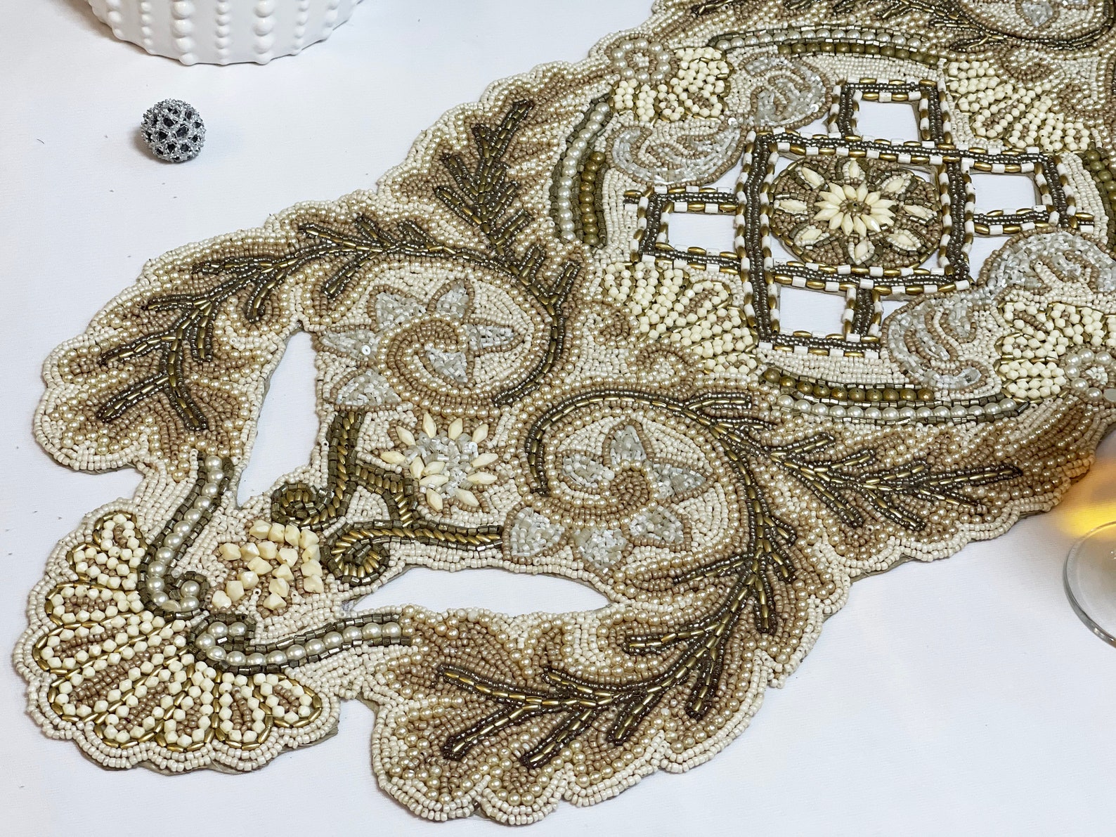 Handmade Table Runner, Beaded Table Runner, Gold & Cream Beads ...