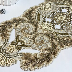 Handmade Table Runner, Beaded Table Runner, Gold & Cream Beads ...