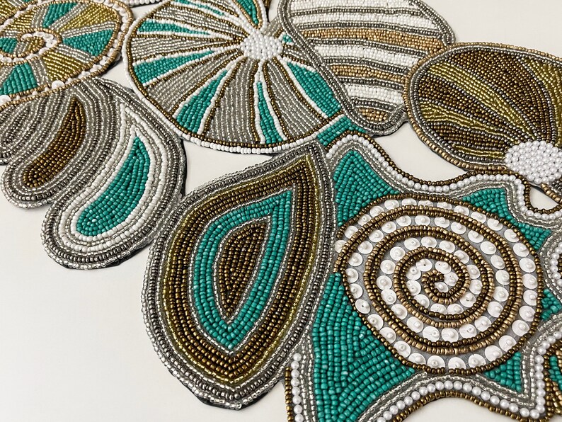 Handmade Table Runner, Teal Gold Seashell Beaded Centerpiece, 13x36inch ...