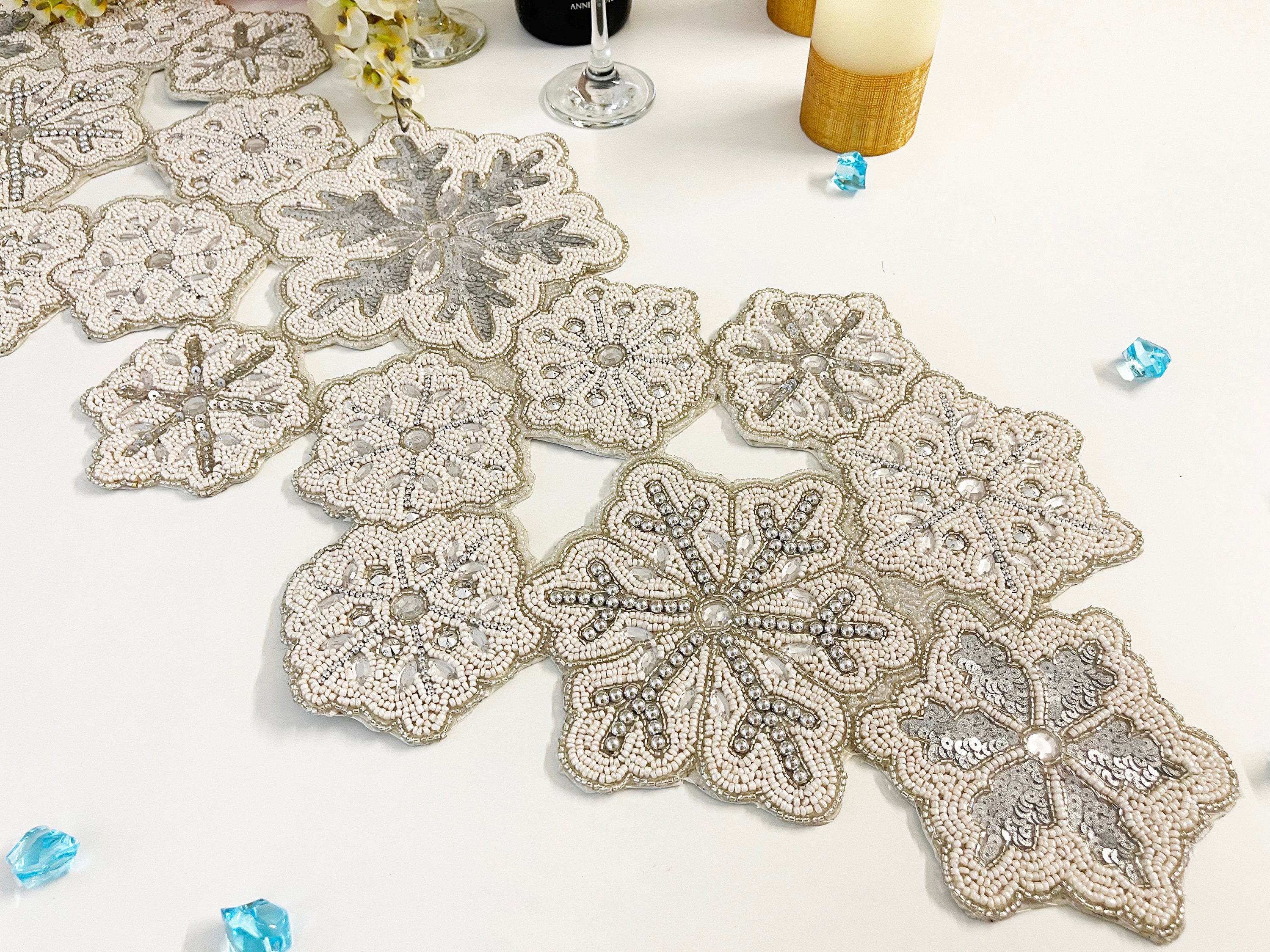 Handmade Bead Table Runner, Christmas Beaded Runner, Snowflakes ...