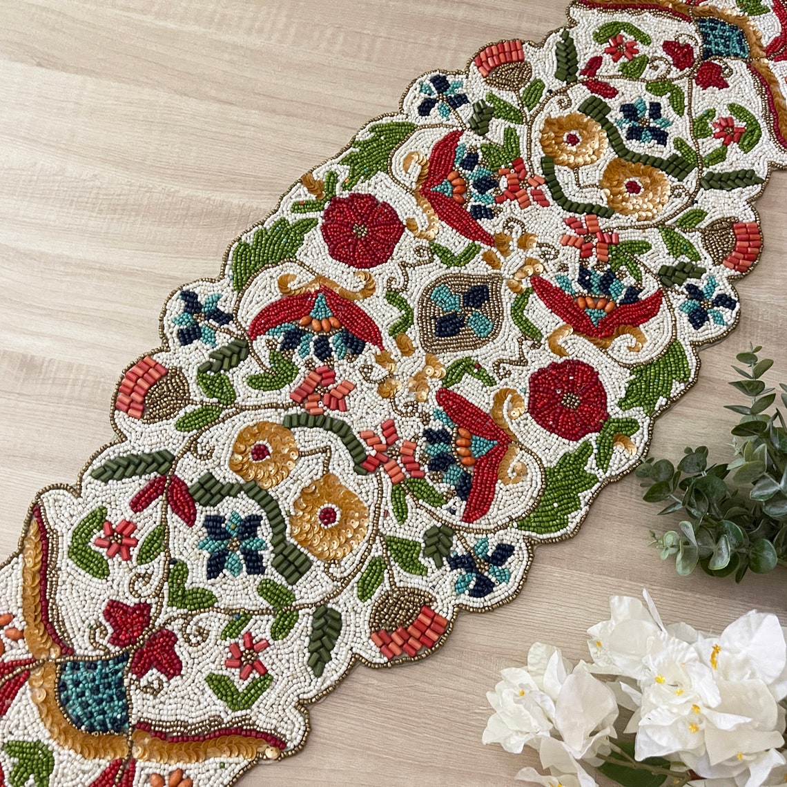 Handmade Beaded Floral Table Runner: Multicolour Spring Design (13x36 ...