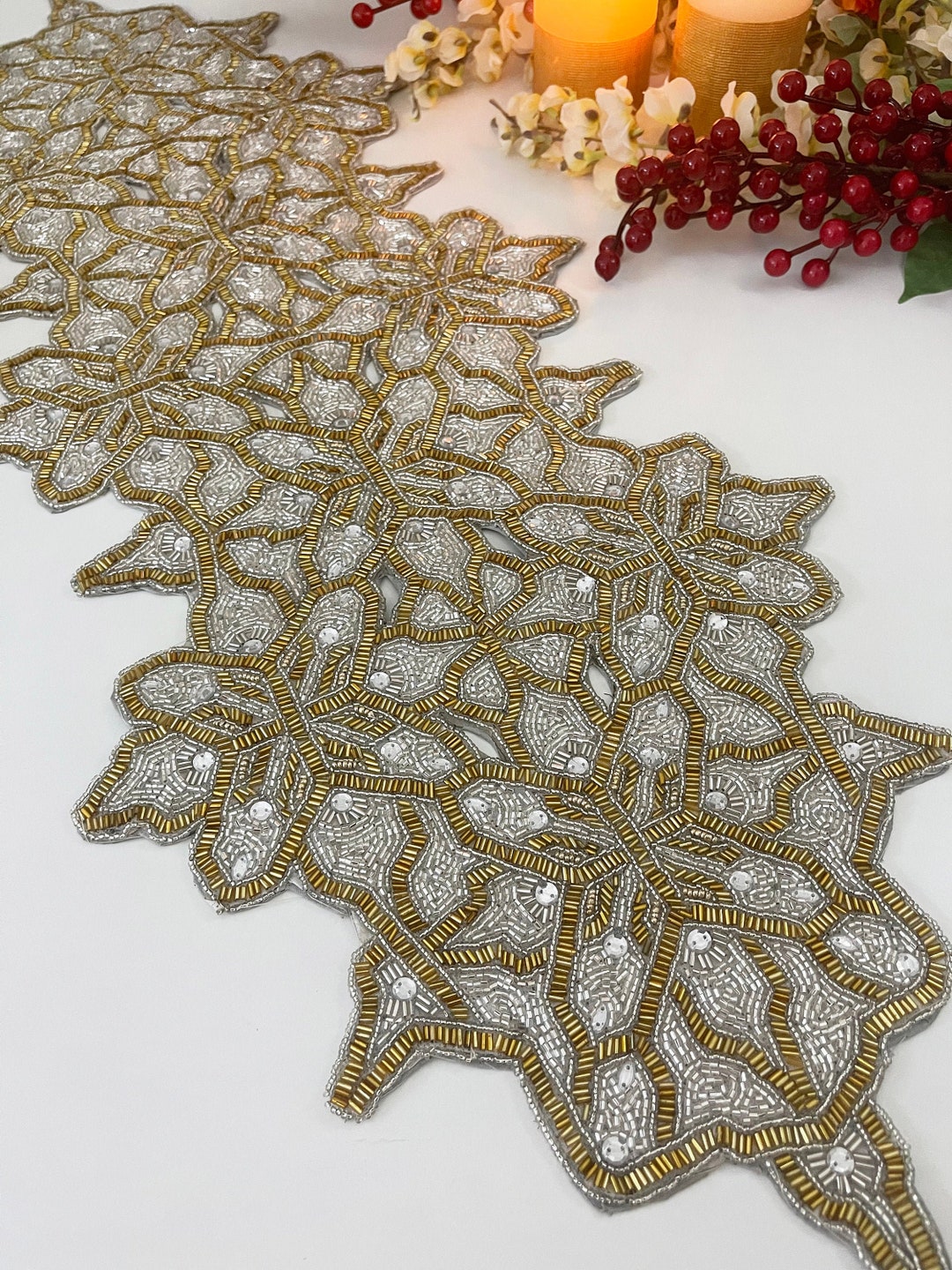 Handmade Table Runner, Beaded Table Runner, Gold and Clear Silver Bead ...