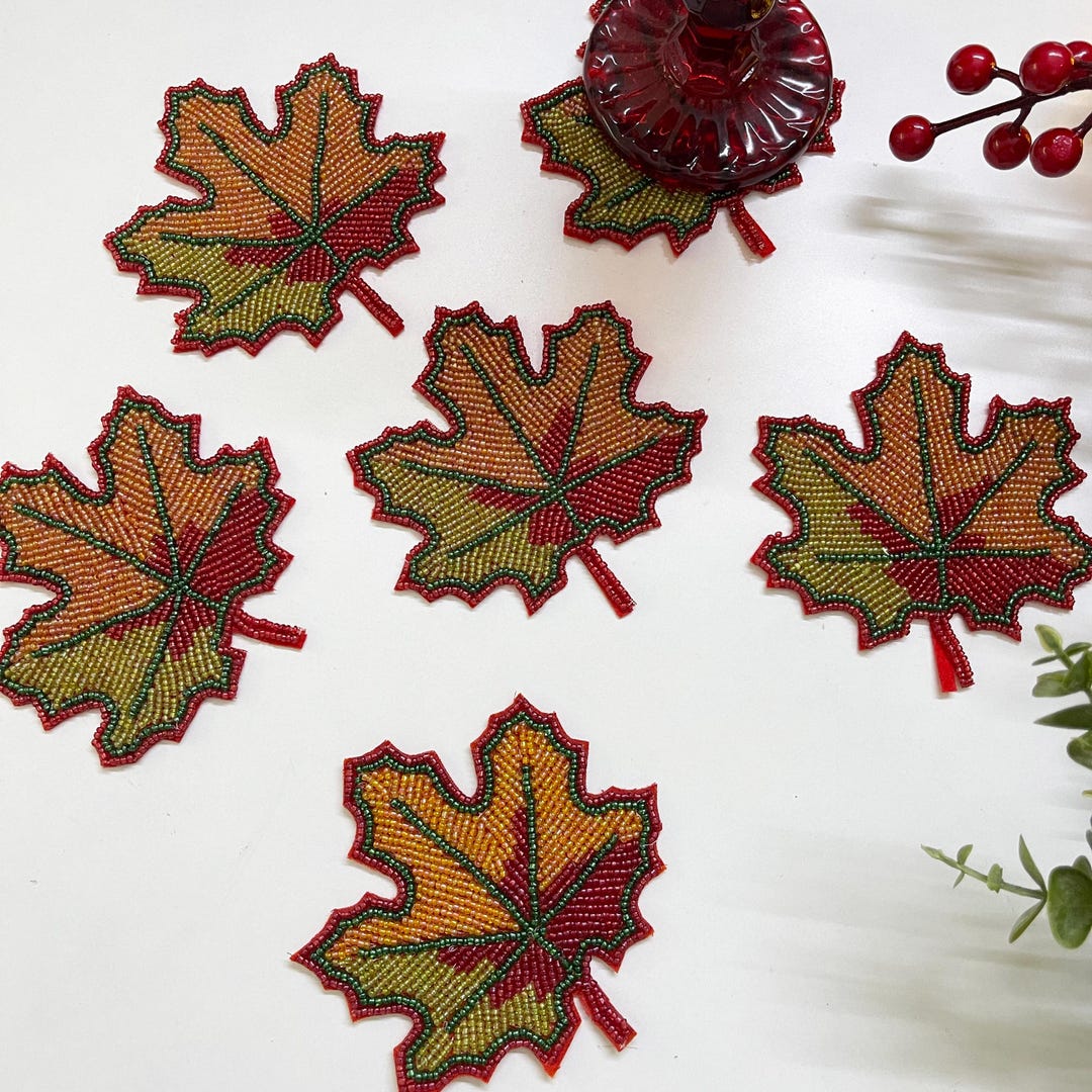 Set of 6 Coasters, Drink Coasters, Maple Leaf, Beaded Coasters, Gift ...