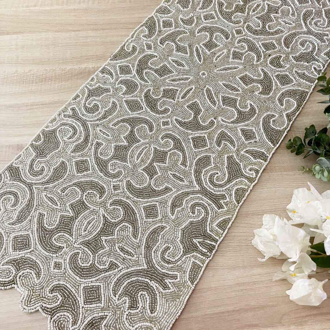 Handmade Bead Table Runner, Beaded Runner, Silver and White, 13x36inch ...