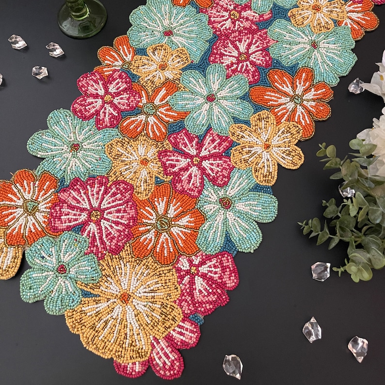 Handmade Bead Table Runner, Multicolour Floral Beaded Runner, 13x36inch ...