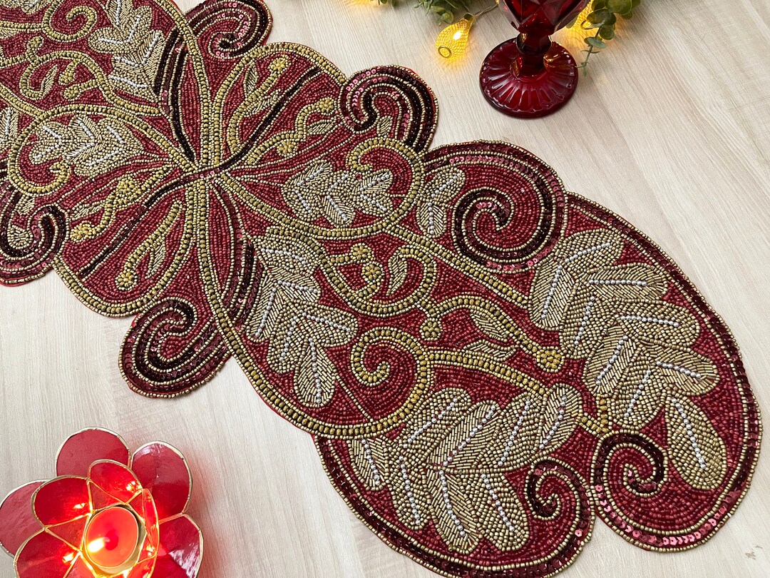 Handmade Beaded Table Runner: Red, Maroon & Gold, 13x36 Inch - Etsy