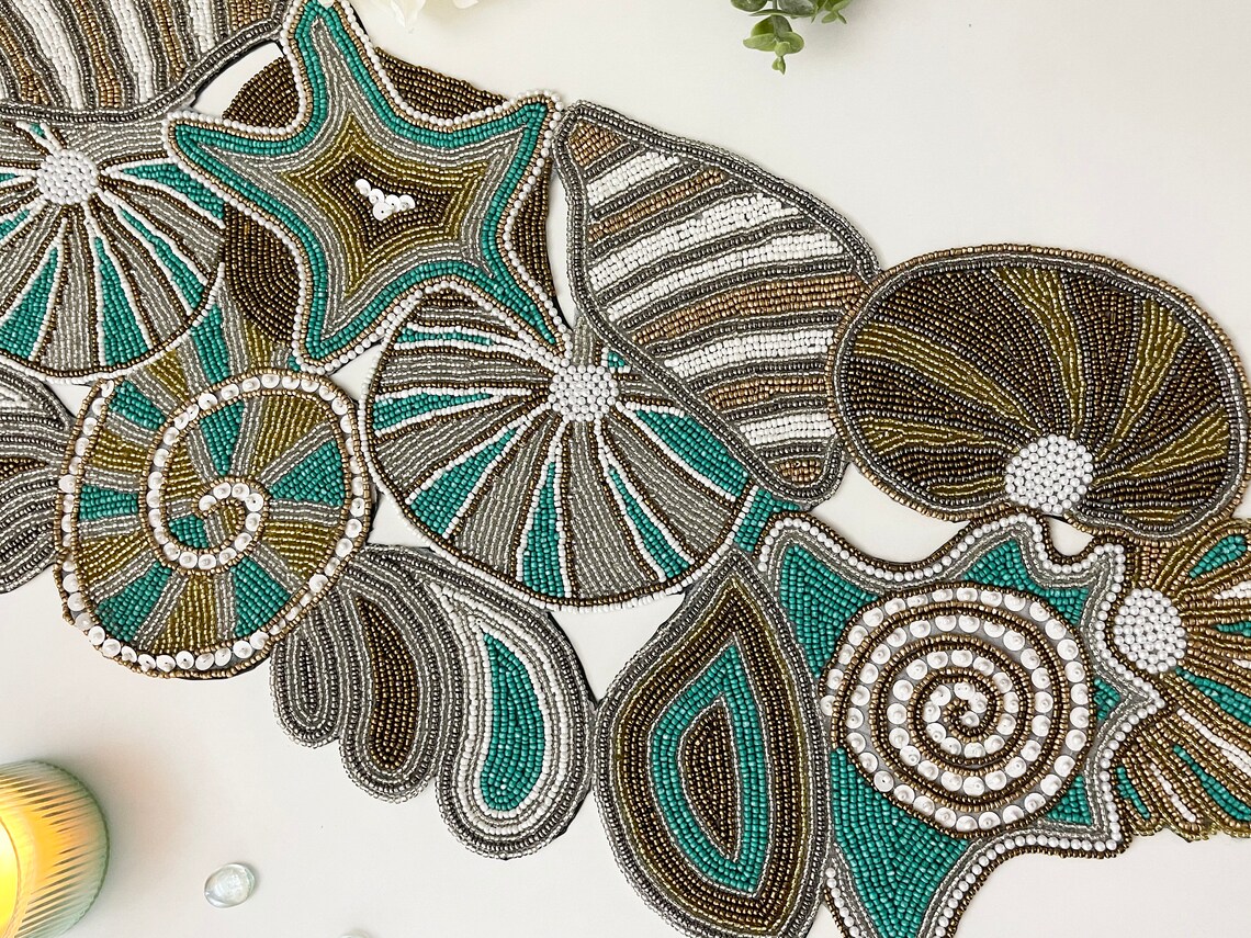 Handmade Table Runner, Teal Gold Seashell Beaded Centerpiece, 13x36inch ...