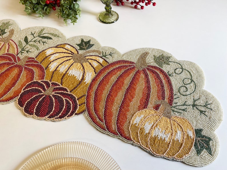 Handmade Bead Table Runner, Fall Runner, Pumpkin Halloween, 13x36 Inch ...