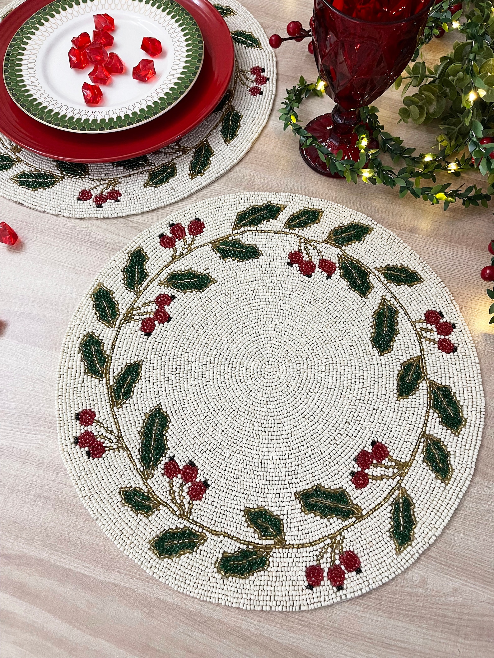 Christmas Special Beaded Placemat, 14 Inch, Gifts, Holly Berry Design ...