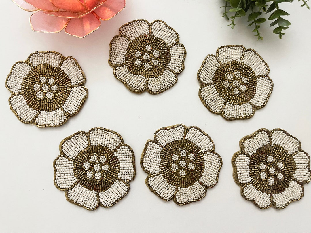 Coasters Set of 4/6, Drink Coasters, White Gold Beaded Coasters, Gift ...