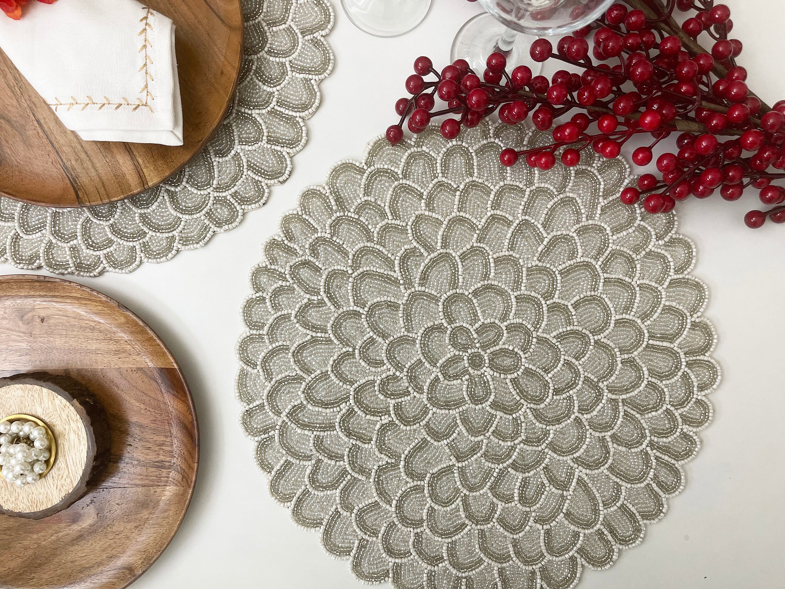 Handmade beaded placemat table mats 14 inch champaign | Etsy