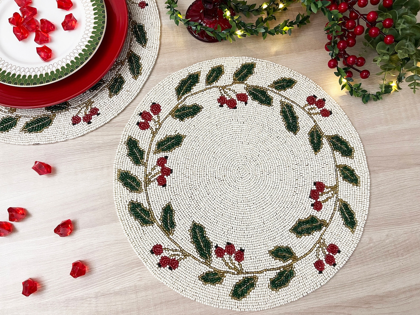 Christmas Special Beaded Placemat, 14 Inch, Gifts, Holly Berry Design ...