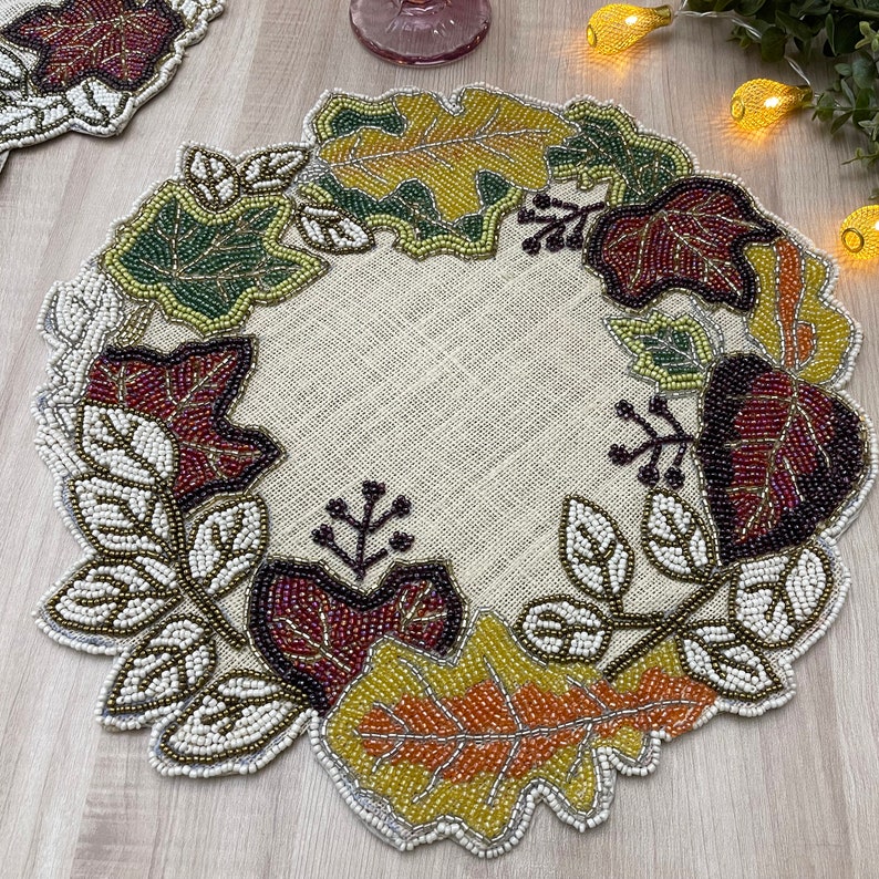 Handmade Beaded Fall Placemat Maple Leaf Tablemat on Burlap - Etsy