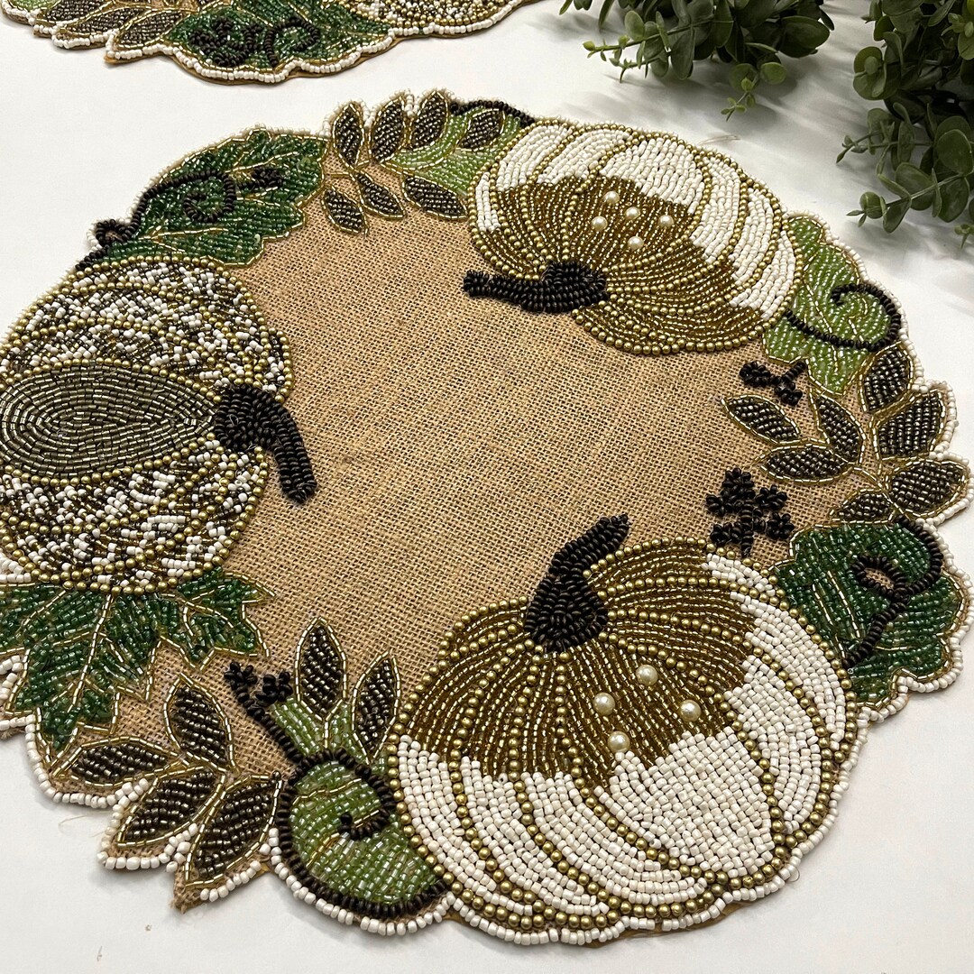 Set of 2, Handmade Beaded Placemat, Pumpkin Harvest Table Mat on Burlap ...