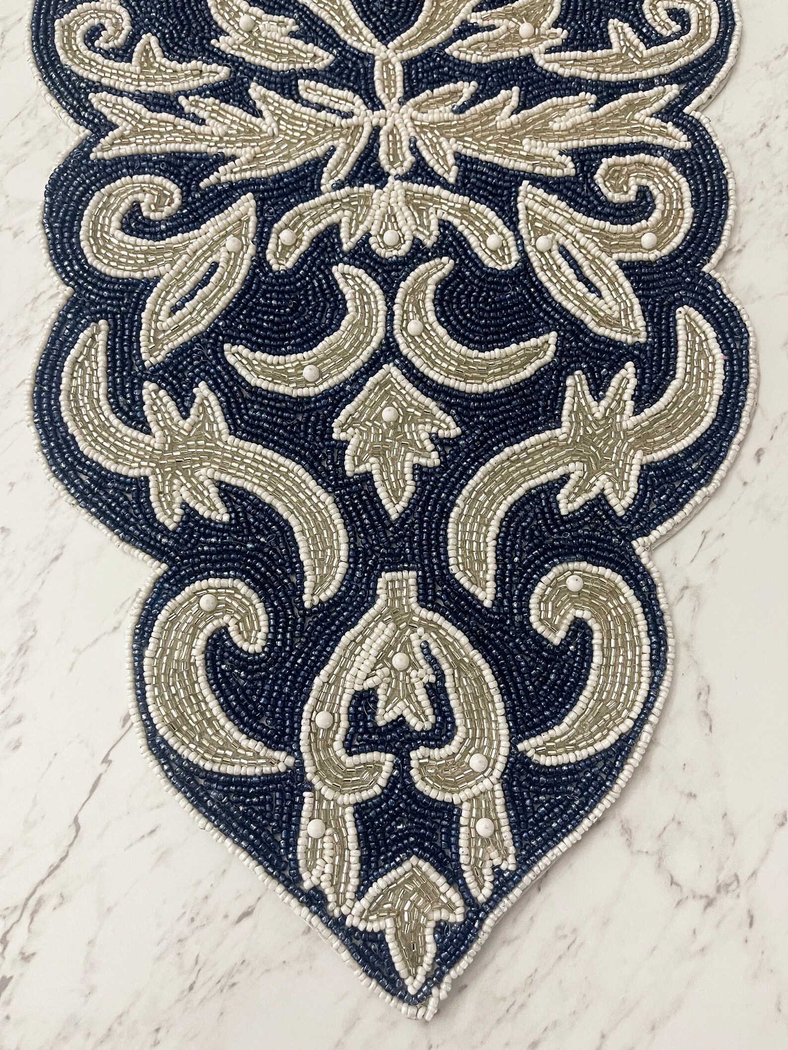Handmade Bead Table Runner, Floral Beaded Navy Blue Silver Runner ...