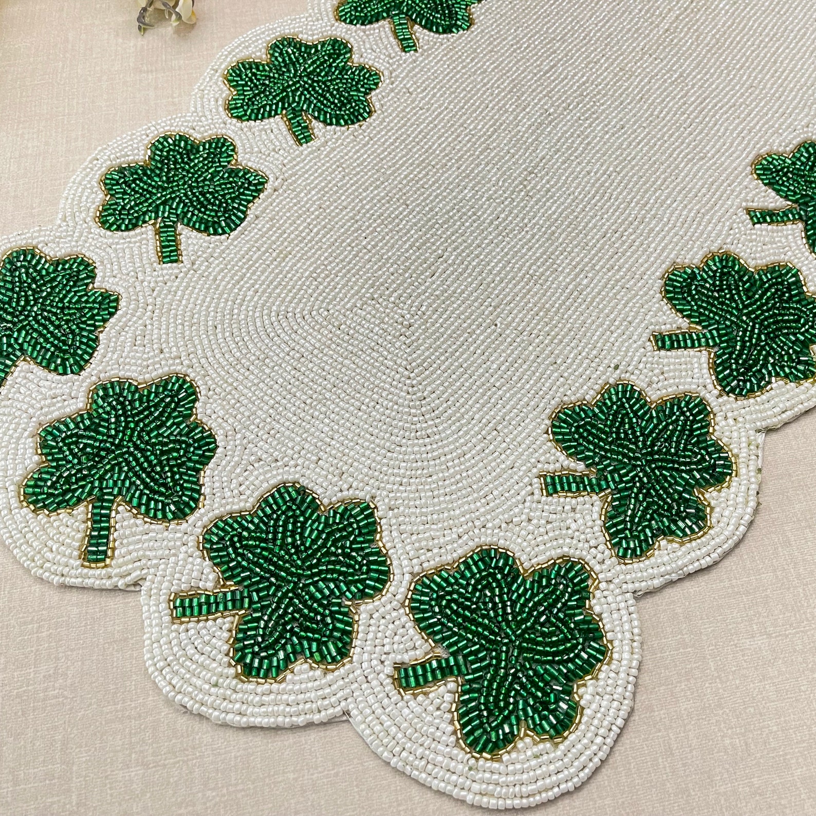 Handmade Table Runner, Clover Leaf / Shamrock Hand Beaded Runner, Green ...