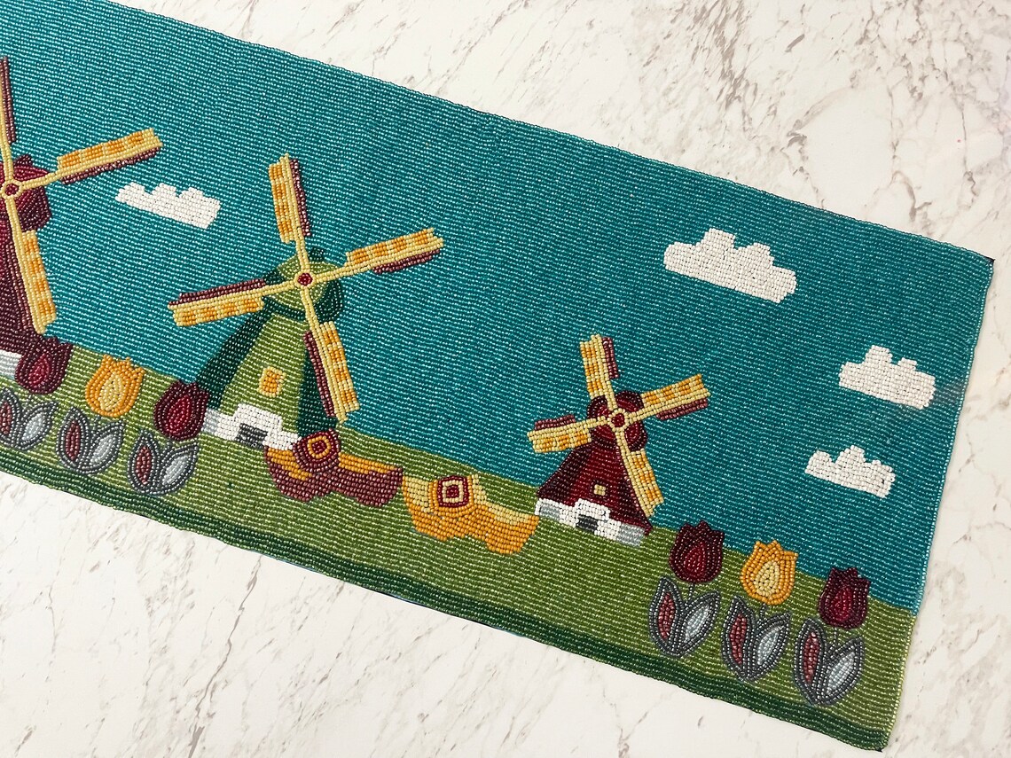 Handmade Beaded Table Runner, Dutch Klompen, Windmills and Tulip Fields ...