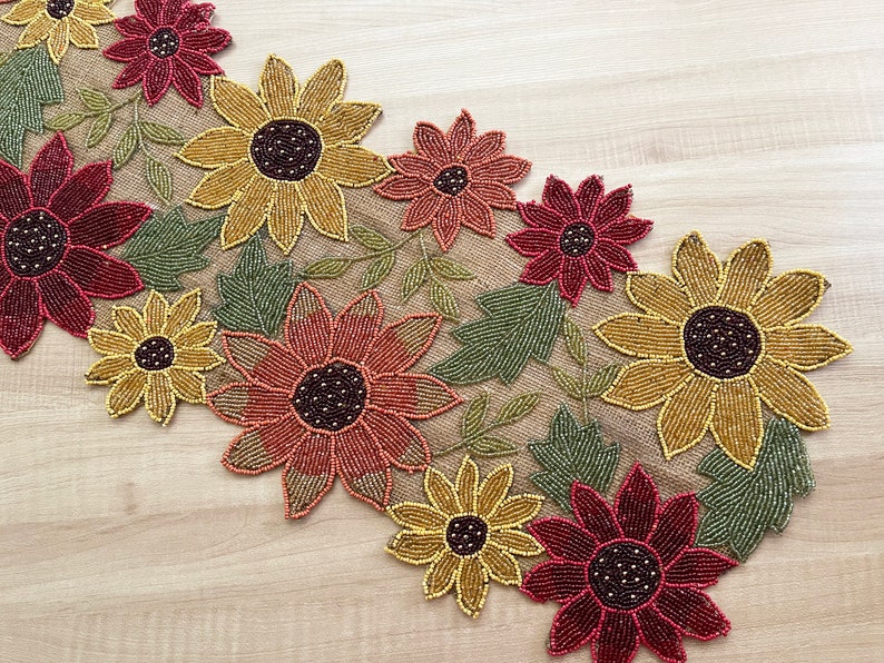 Farmhouse Floral Spring Beaded Table Runner Handmade Burlap - Etsy
