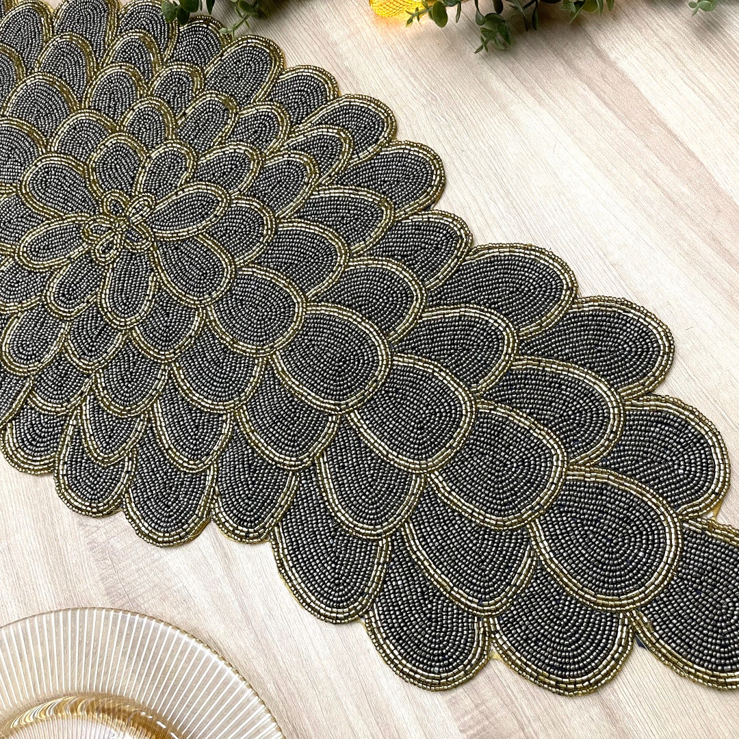 Handmade Bead Table Runner, Peacock Floral Beaded Runner, Ash Grey and ...