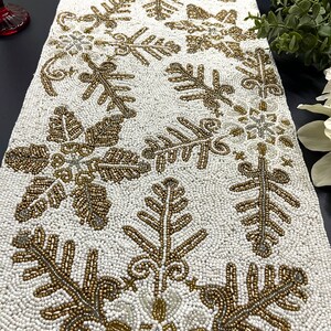 Handmade Bead Table Runner, Christmas Beaded Runner, Snowflakes Gold ...